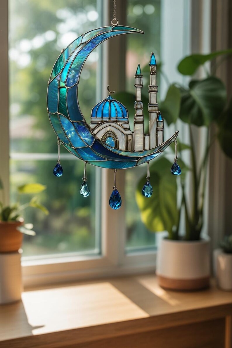 Blue Crescent Moon Mosque Stained Suncatcher Window Hanging Islamic ...