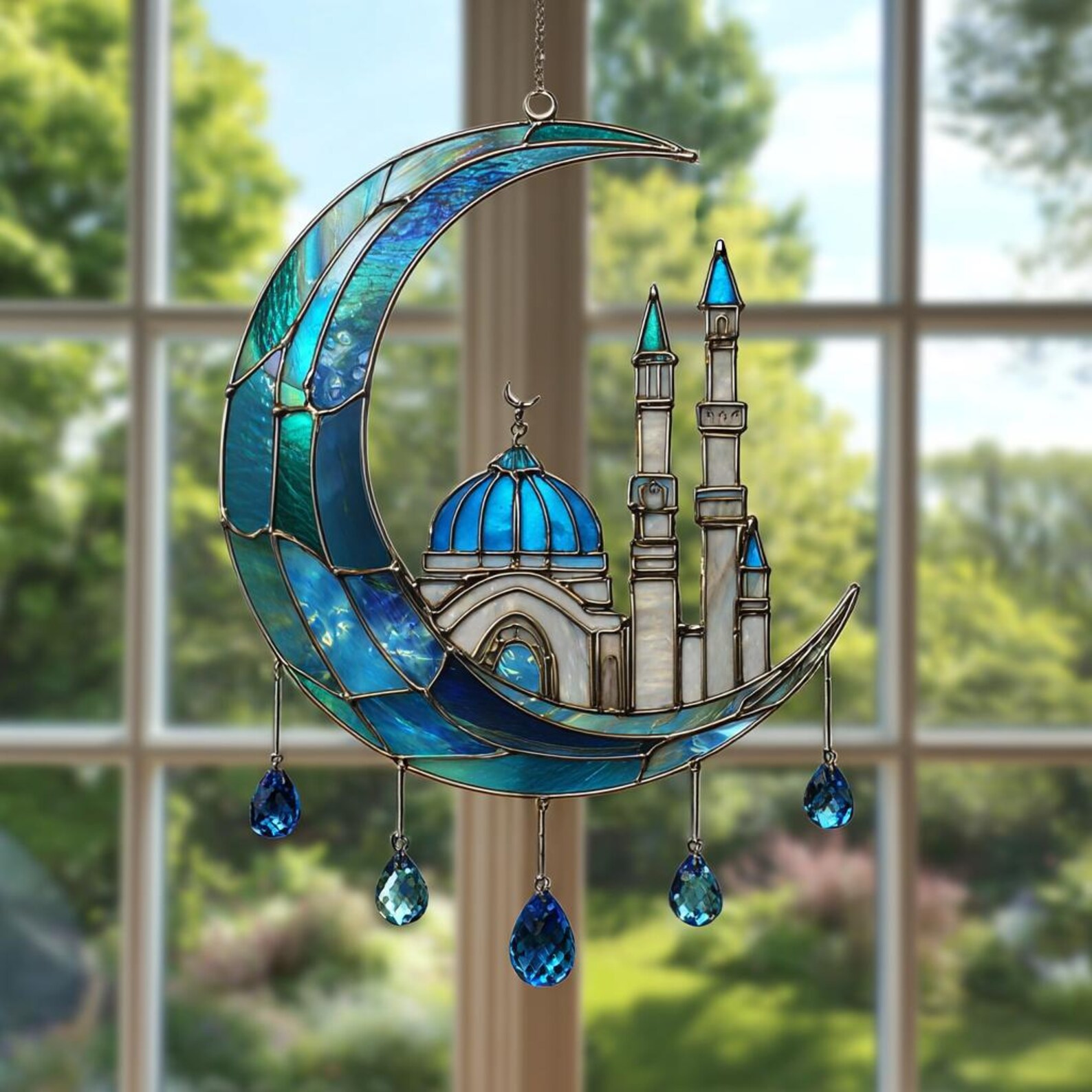 Blue Crescent Moon Mosque Stained Suncatcher Window Hanging Islamic ...