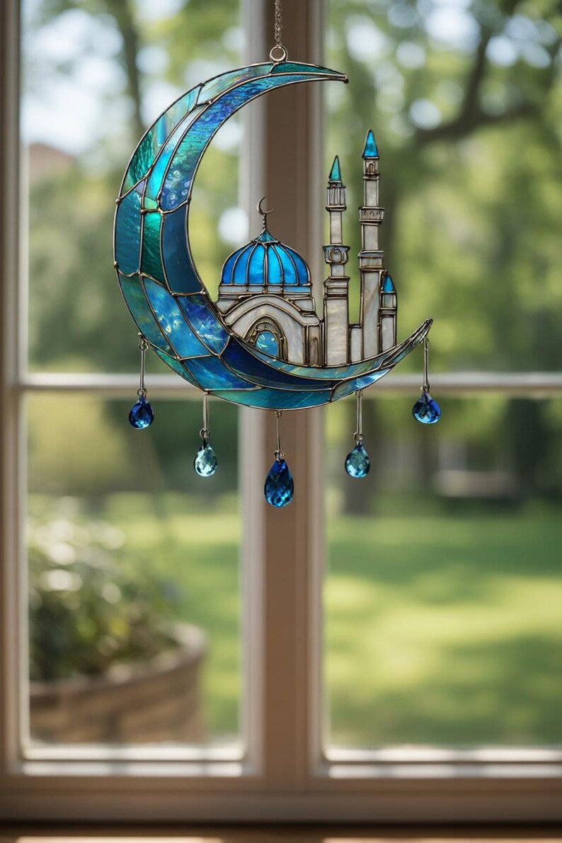 Blue Crescent Moon Mosque Stained Suncatcher Window Hanging Islamic ...