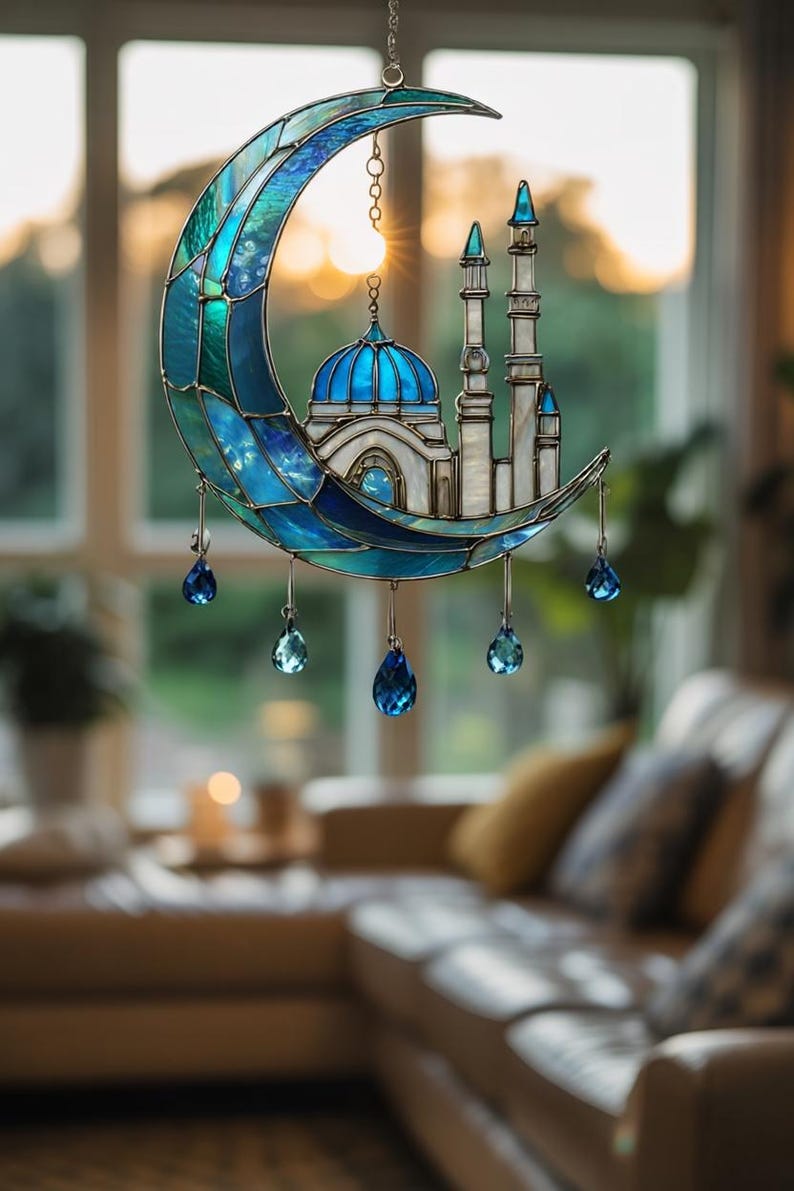 Blue Crescent Moon Mosque Stained Suncatcher Window Hanging Islamic ...