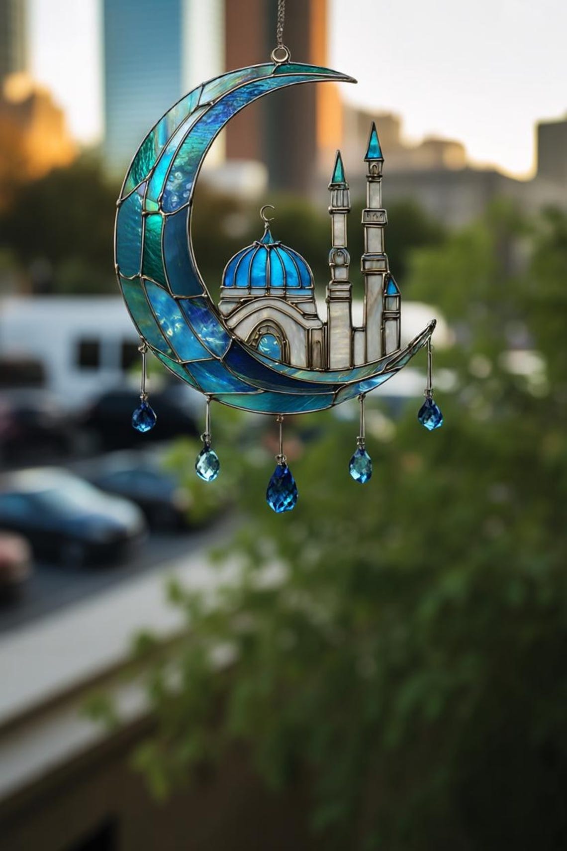 Blue Crescent Moon Mosque Stained Suncatcher Window Hanging Islamic ...