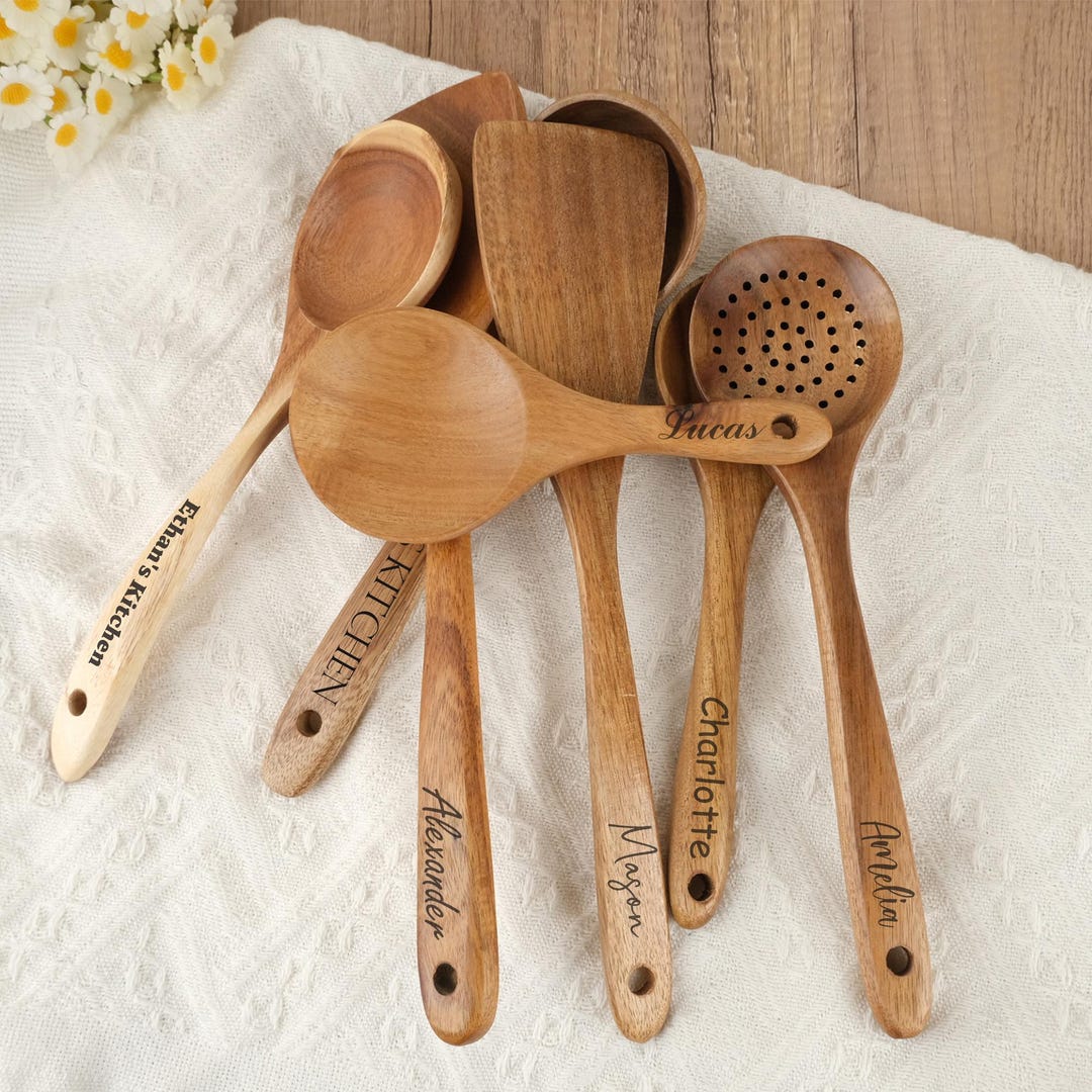 Personalized Teak Wood Cooking Utensils, Wooden Spatula, Spoon & Salad ...