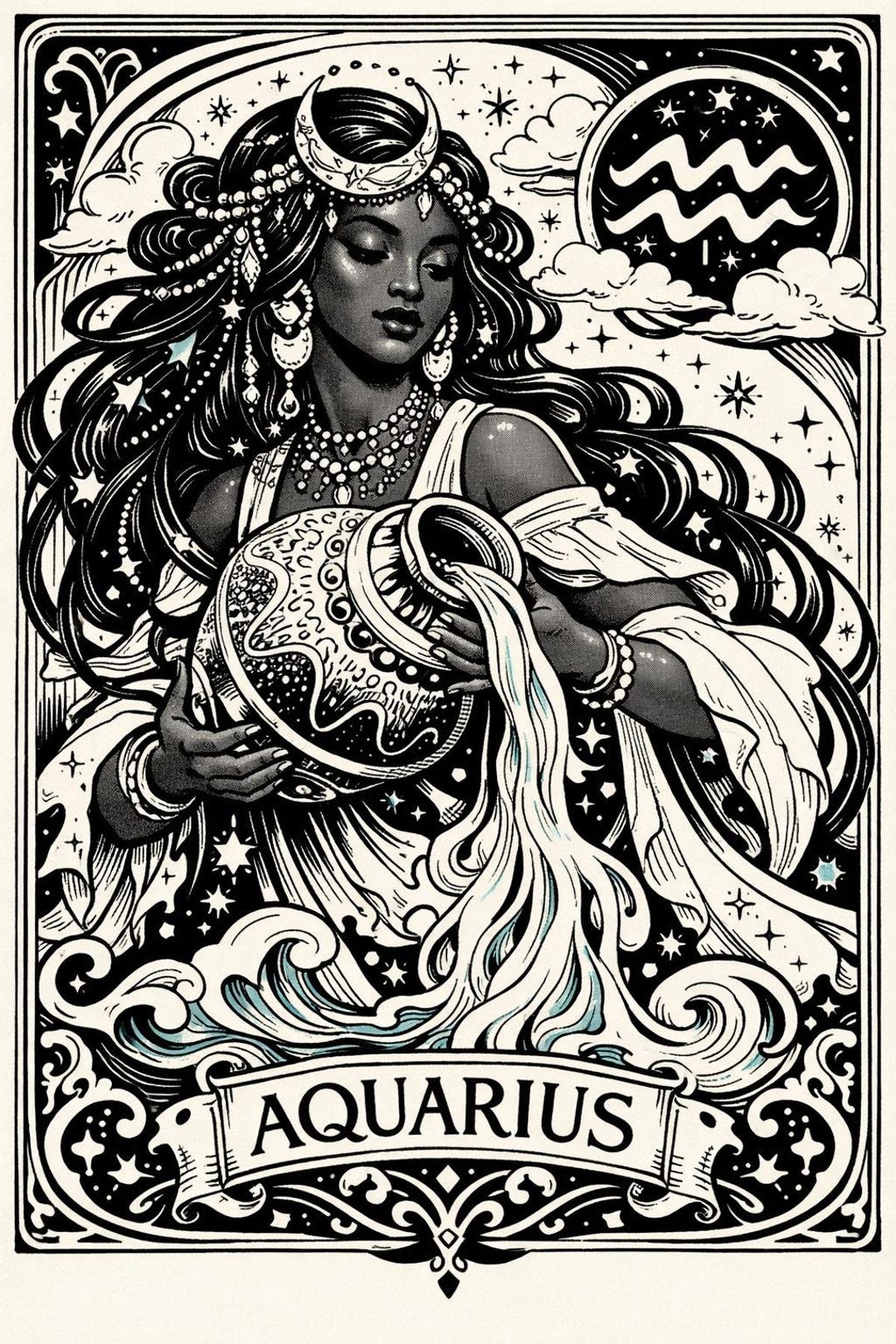 Aquarius Black Zodiac Art Print – Afro Goddess Silhouette in Art ...