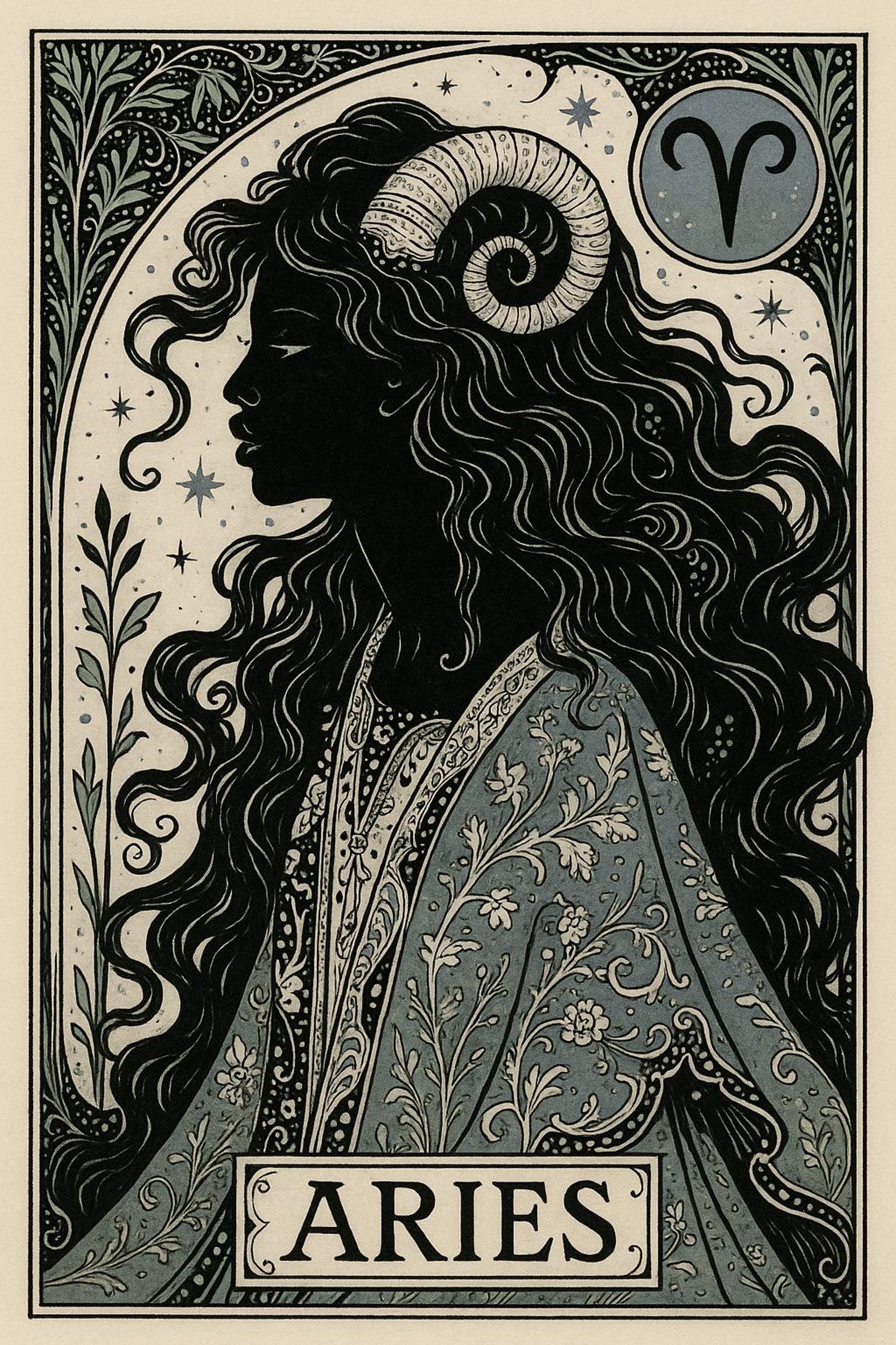 Aries Black Zodiac Art Print – Afro Goddess Mucha Style Illustration ...