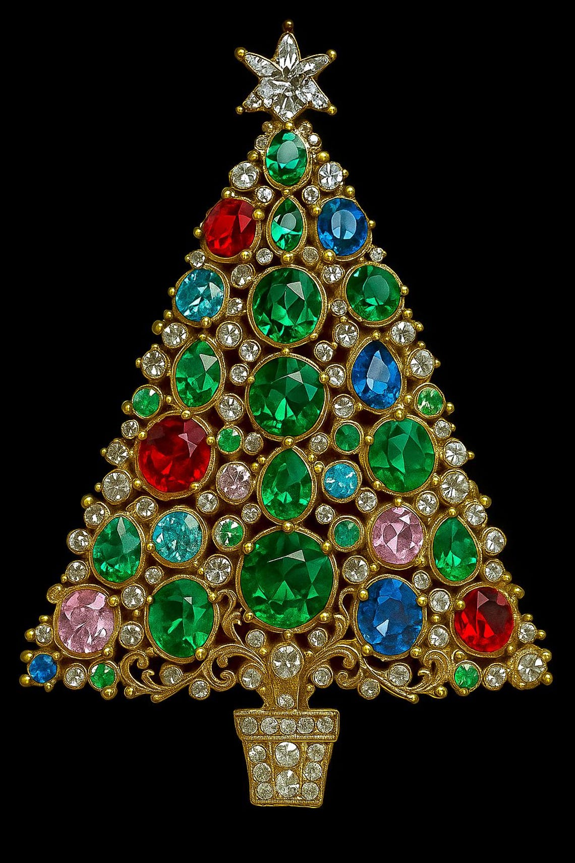Gemstone Christmas Tree Print, Vintage Brooch Style Wall Decor, Festive ...
