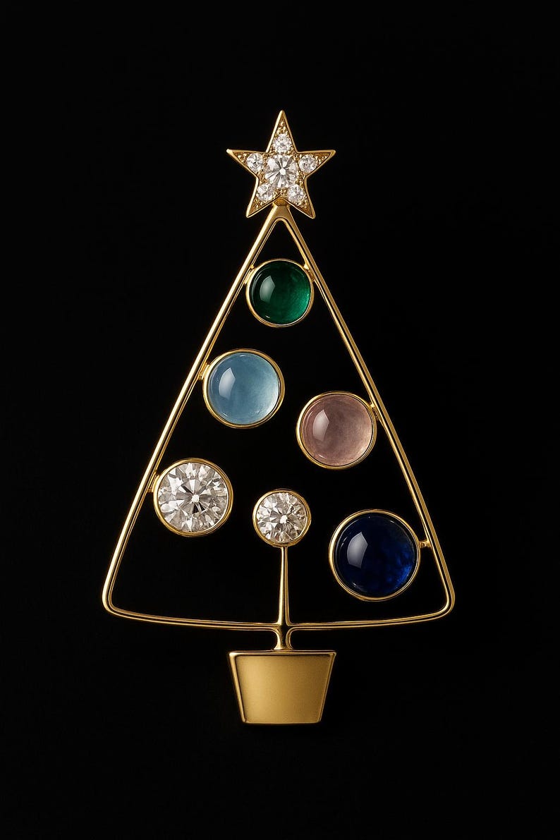 Gemstone Christmas Tree Print, Vintage Brooch Style Wall Decor, Festive ...