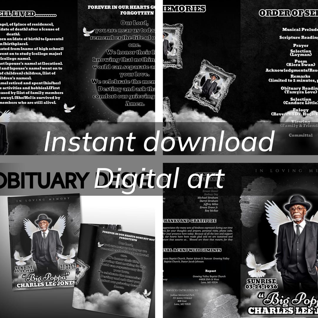Elegant Black Memorial Obituary Program Template for Funeral ...