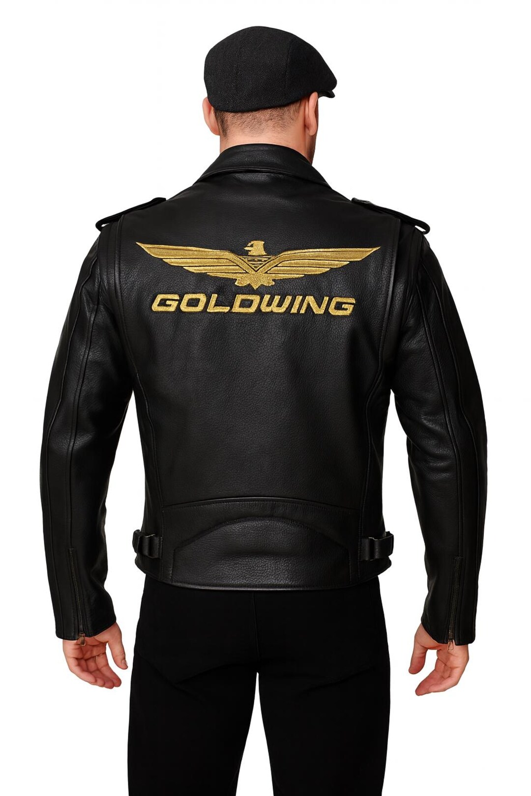 Goldwing Biker Leather Jacket – Men's Genuine Cowhide, Embroidered Wing ...