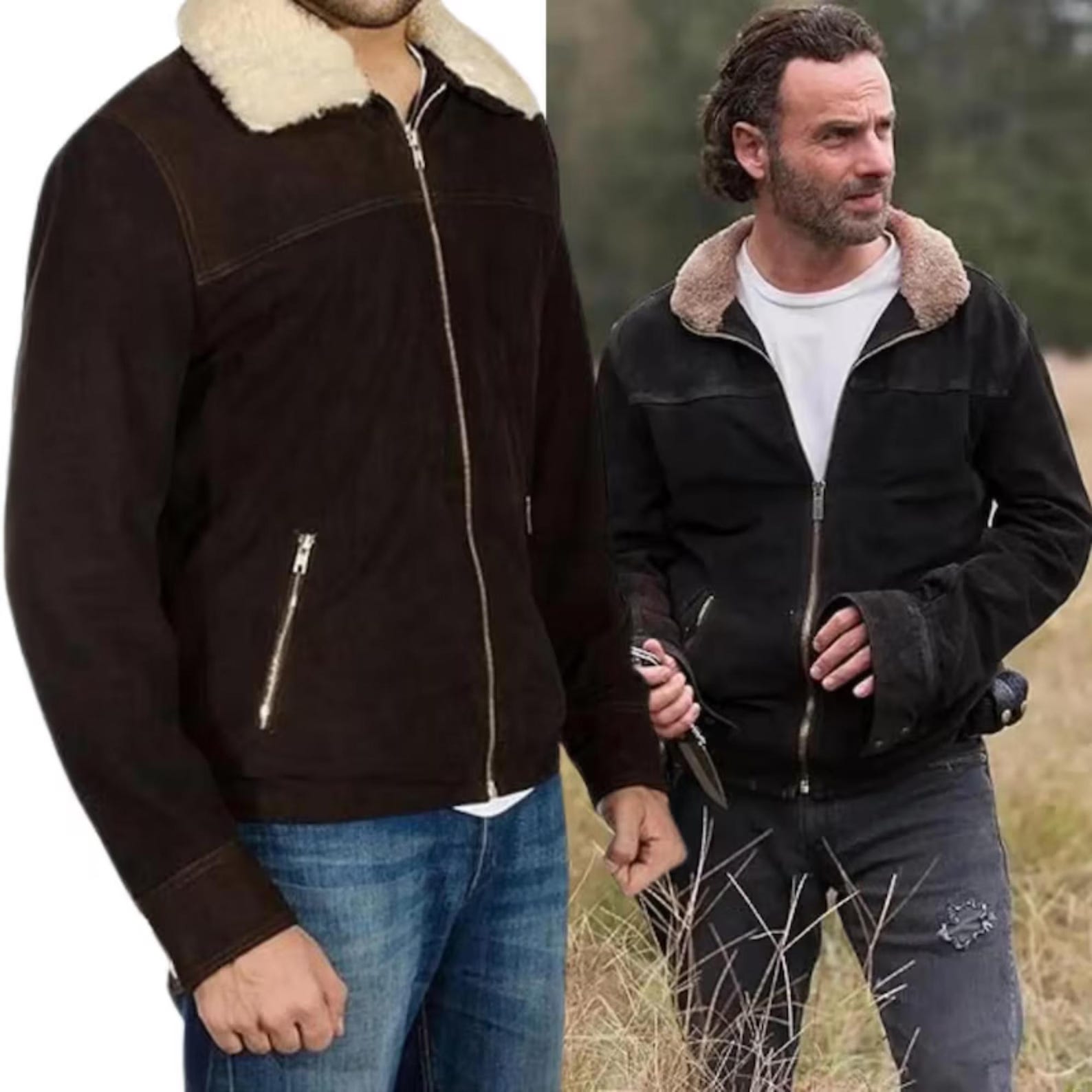 Rick Grimes Inspired Suede Jacket | Faux Fur Collar Biker Coat ...