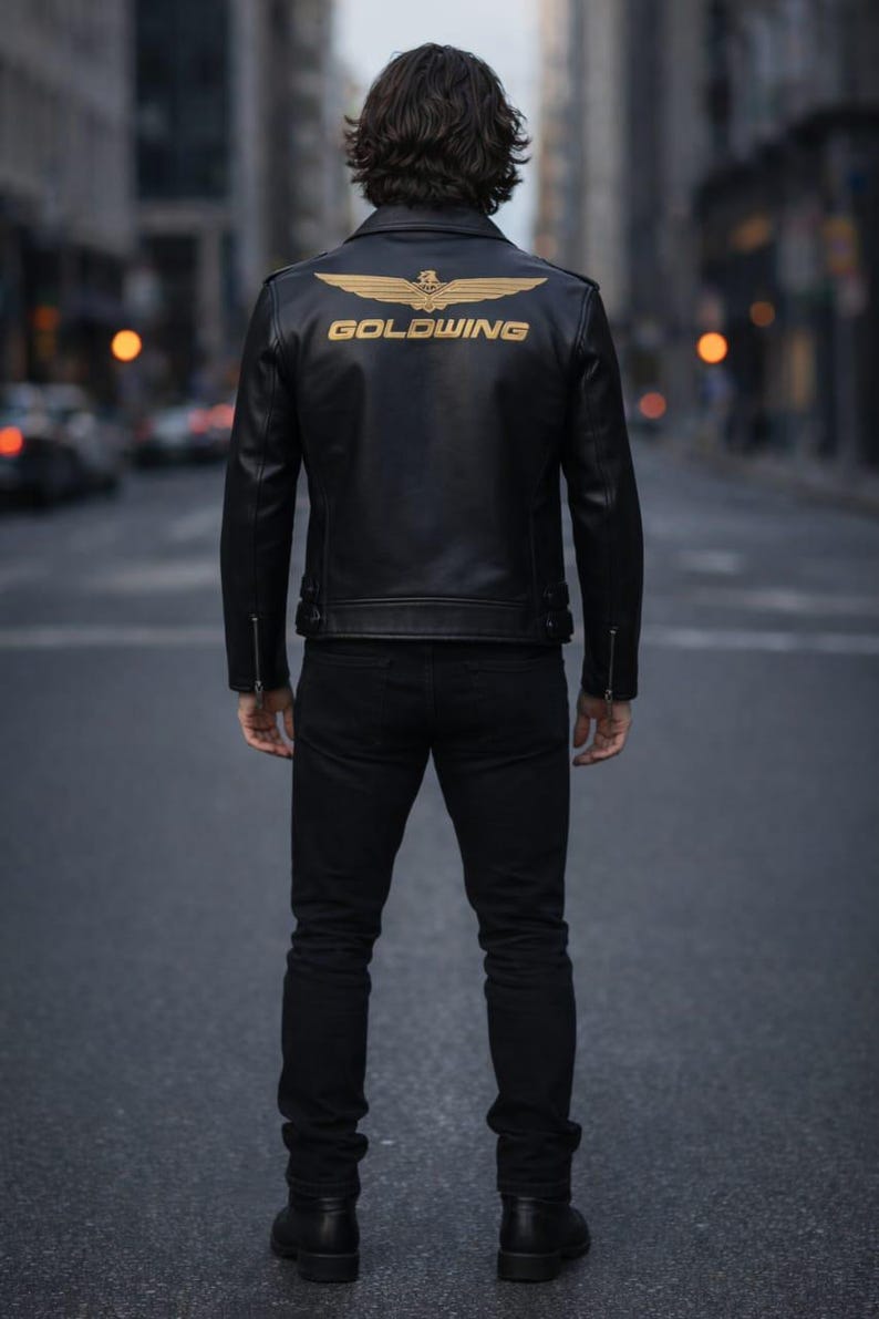 Goldwing Biker Leather Jacket – Men's Genuine Cowhide, Embroidered Wing ...