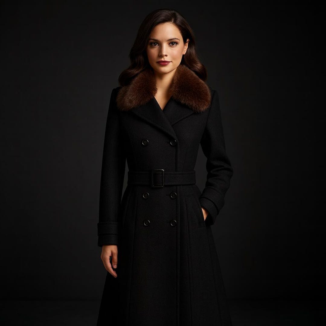 Black Wool Trench Coat With Faux Fur Collar – Elegant Winter Overcoat ...