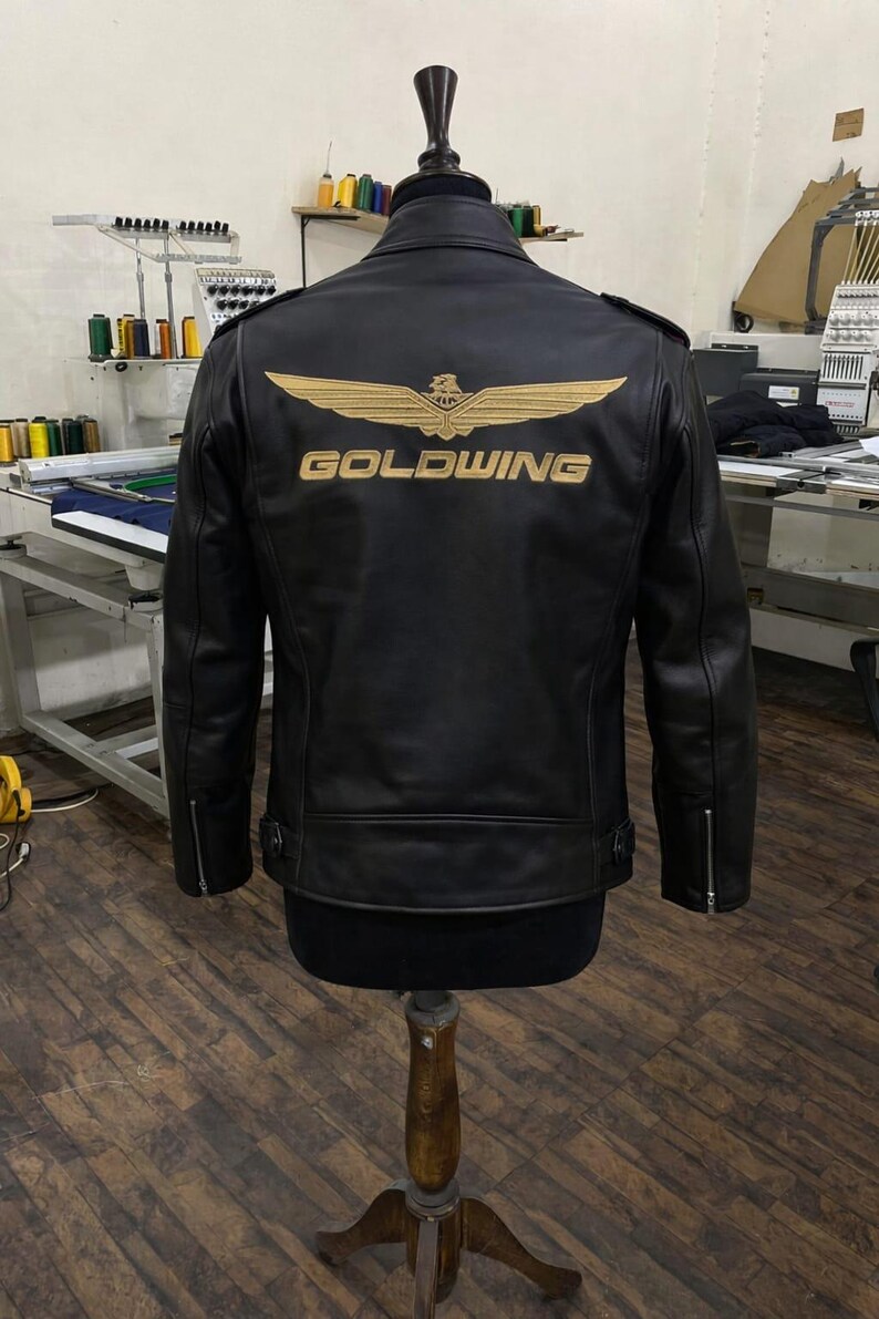 Goldwing Biker Leather Jacket – Men's Genuine Cowhide, Embroidered Wing ...