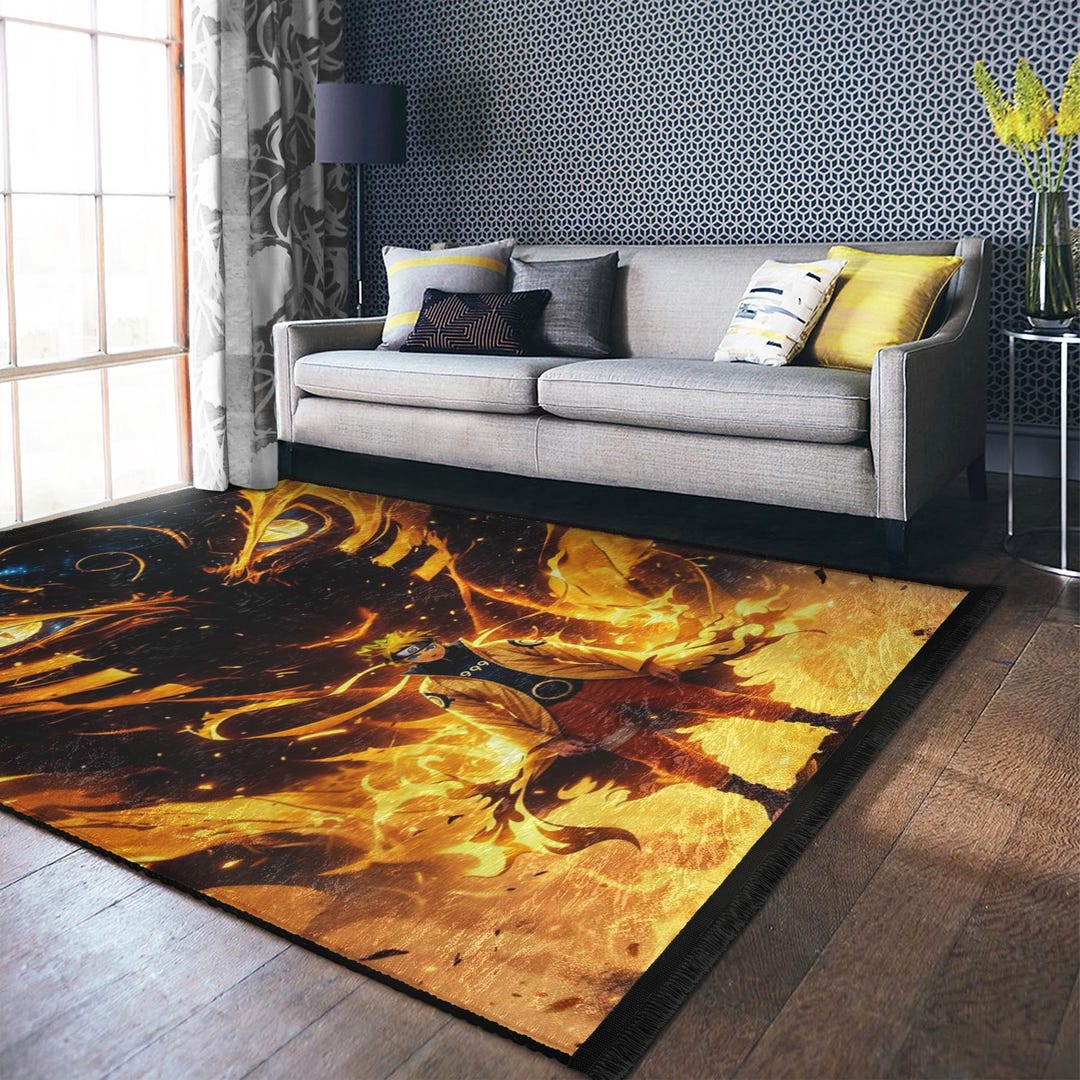 Anime Ninja Rug, Fire Fox Pattern, Japanese Manga Decor, Orange Area ...