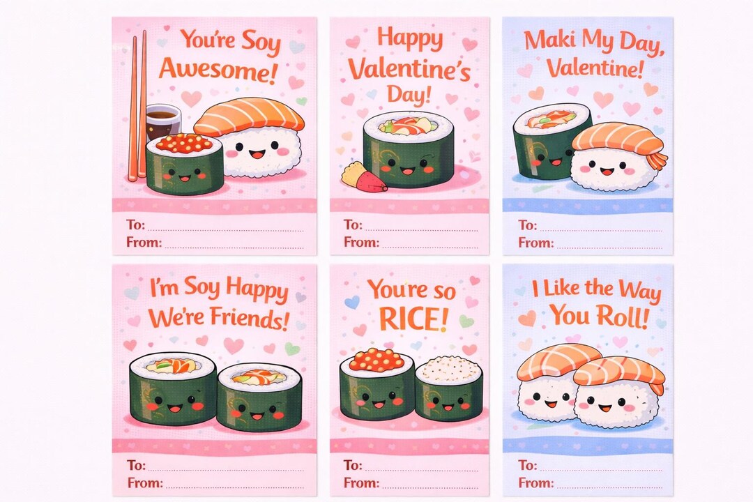 Sushi Valentine Cards for Kids | Food Puns, Classroom Valentines (PDF ...