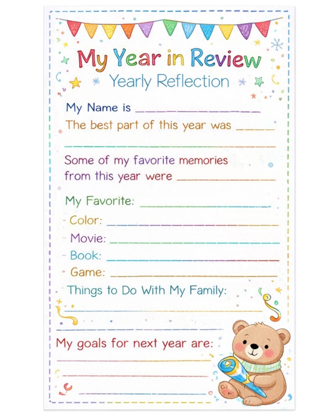Yearly Reflection Worksheet for Kids | My Year in Review Printable ...
