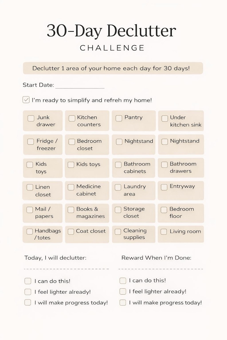 30 Day Declutter Challenge Printable | Home Organization Checklist ...