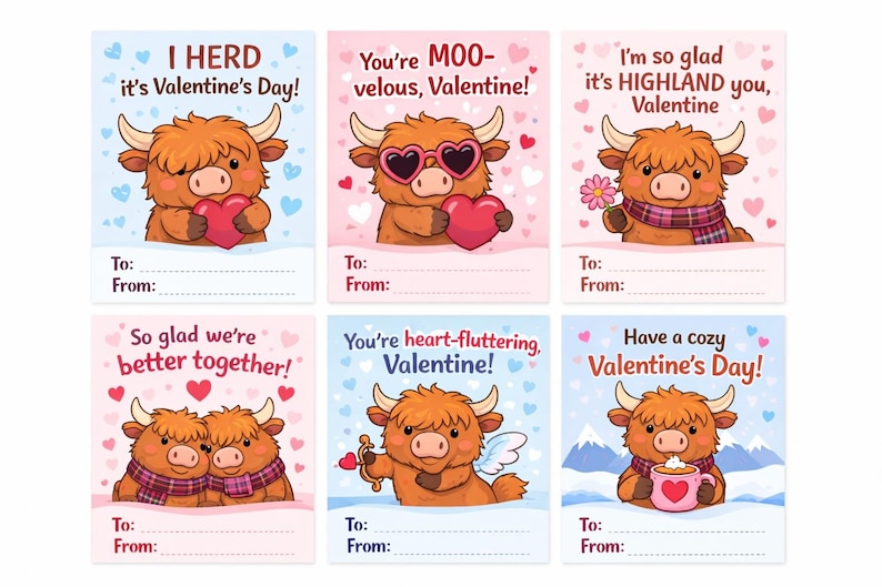 Highland Cow Valentine Cards for Kids | Cute Farm Animal Classroom ...