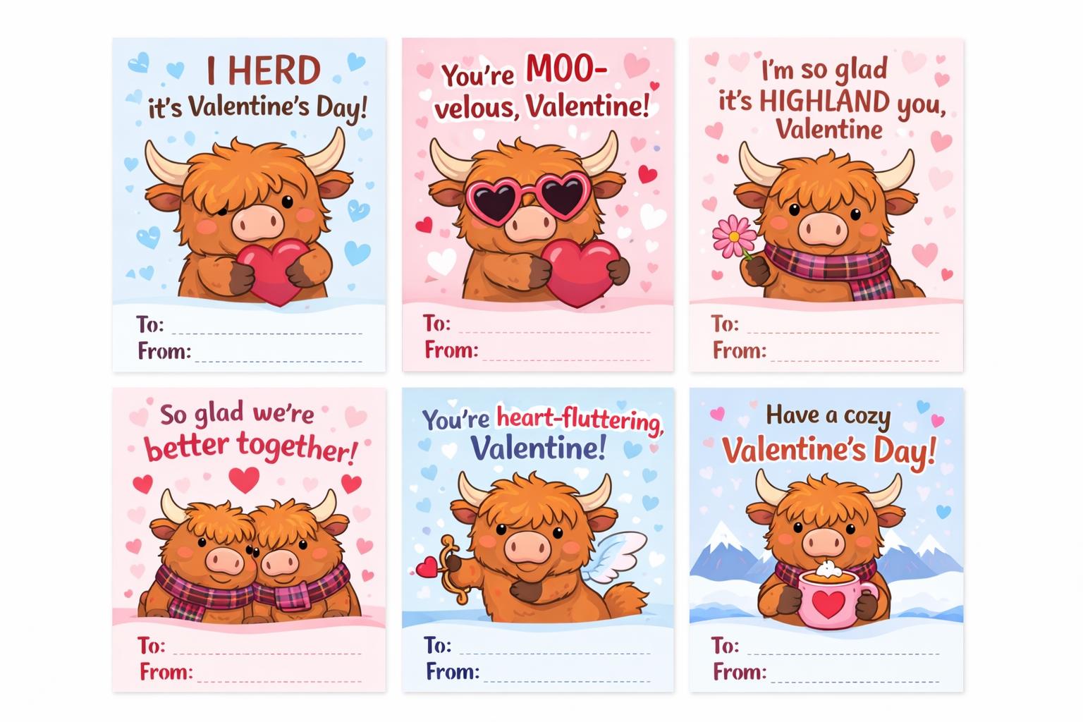 Highland Cow Valentine Cards for Kids | Cute Farm Animal Classroom ...