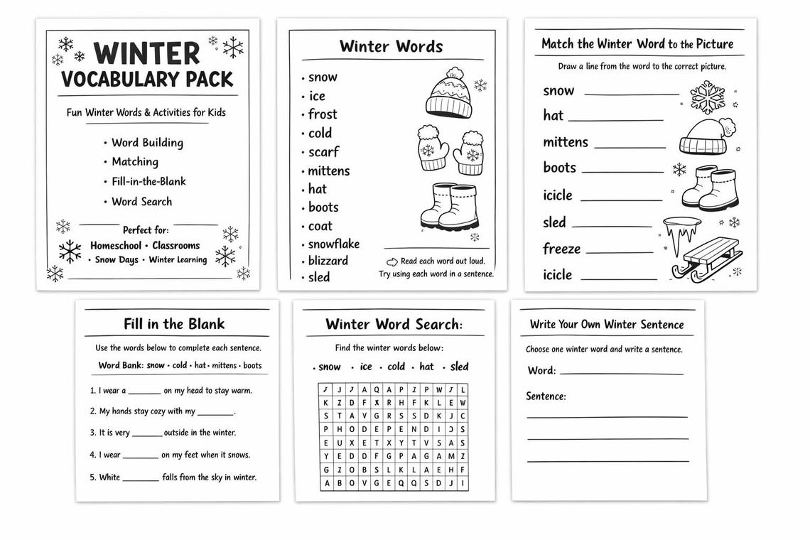 Winter Vocabulary Worksheets for Kids | Winter Spelling, Tracing & Word ...