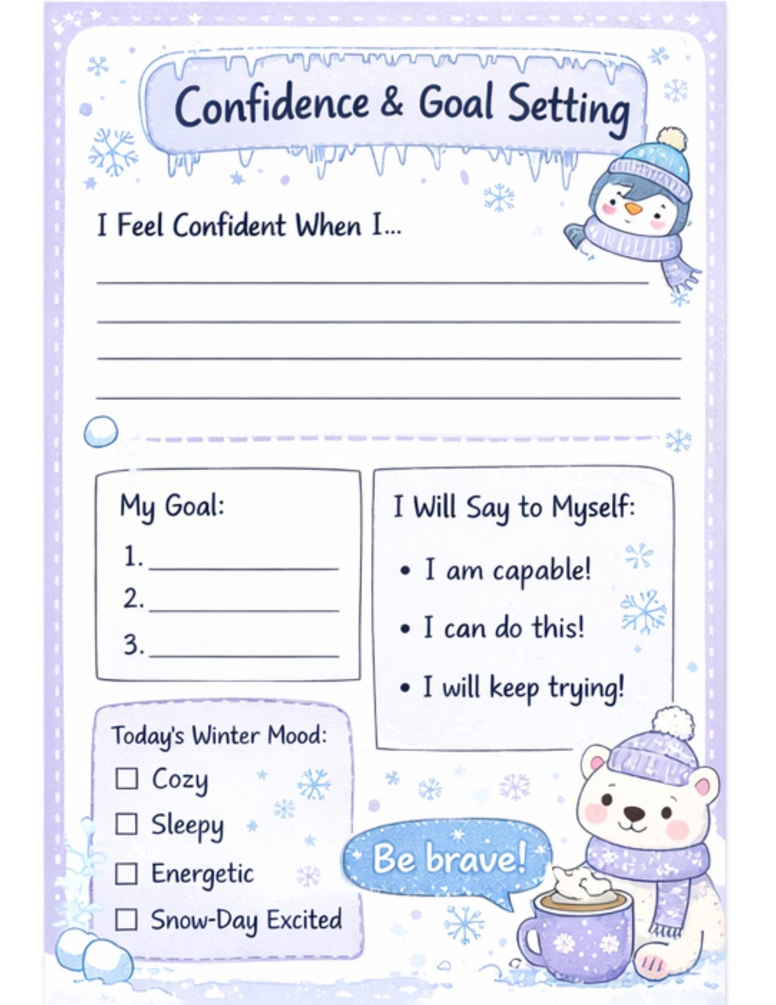 Winter Confidence & Goal Setting Worksheet for Kids | SEL Printable ...