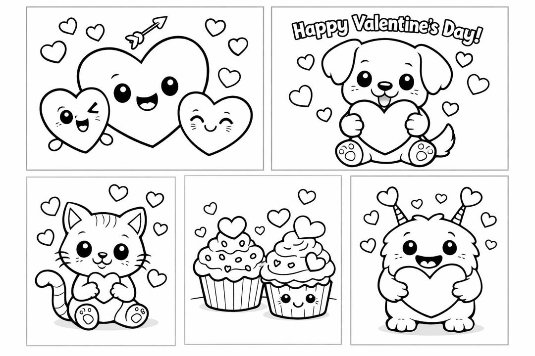 Valentine Coloring Pages for Kids – Printable Hearts & Animals (5 Page ...