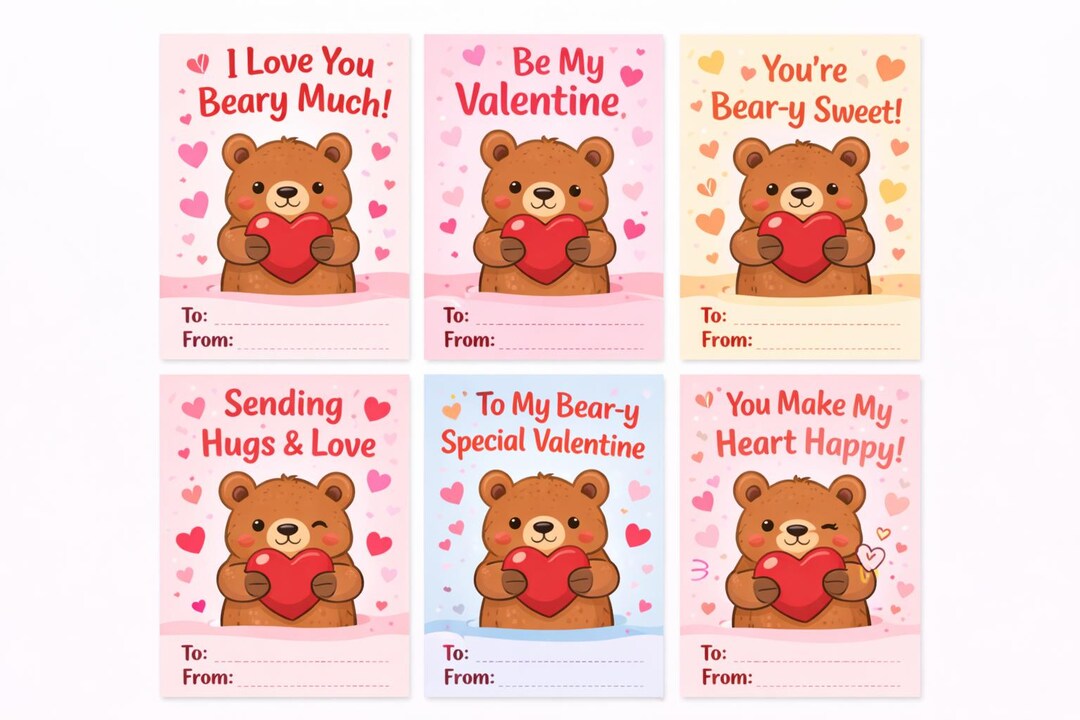 Bear Valentine Cards for Kids | Cute Teddy Bear Heart Classroom ...