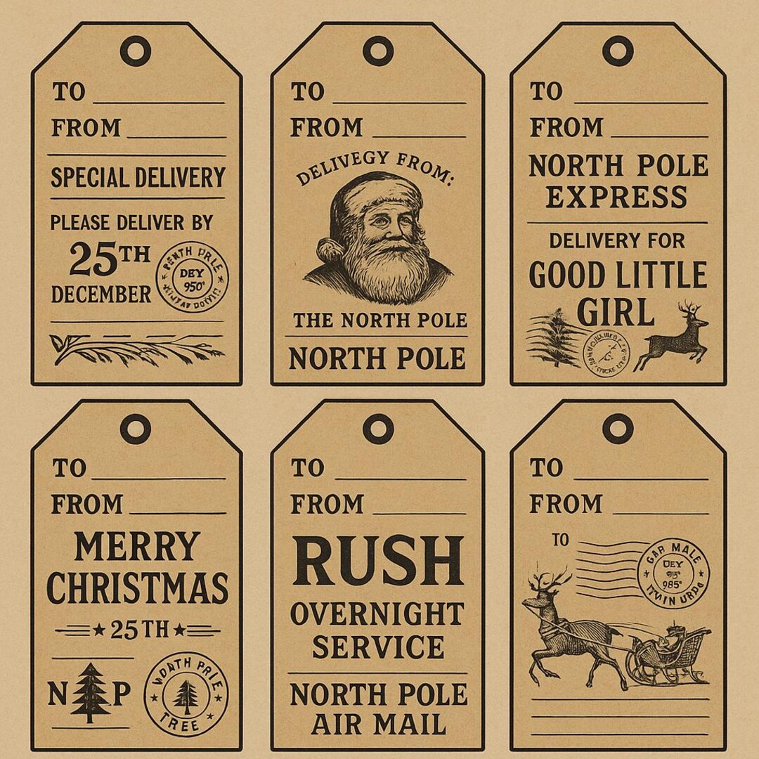 Vintage North Pole Christmas Gift Tags | Rustic Santa Labels (instant ...