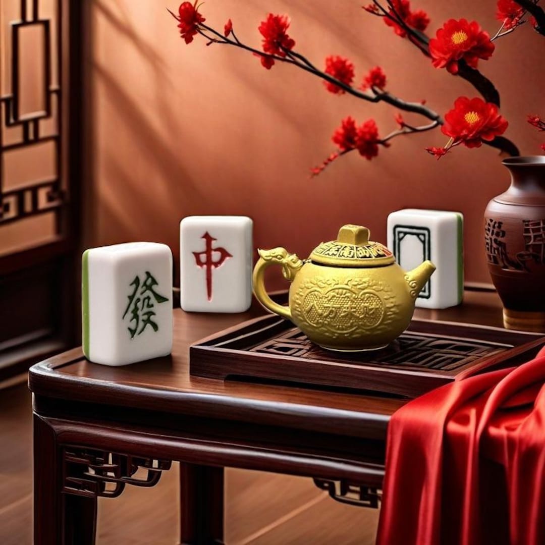 Lucky Brass Mahjong Teapot Set | Zhong Fa Bai Tiles, Good Luck Decor - Etsy