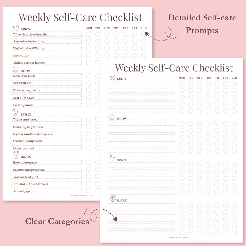 Weekly Self Care Checklist Printable | Minimal Self Care Planner | 7 ...