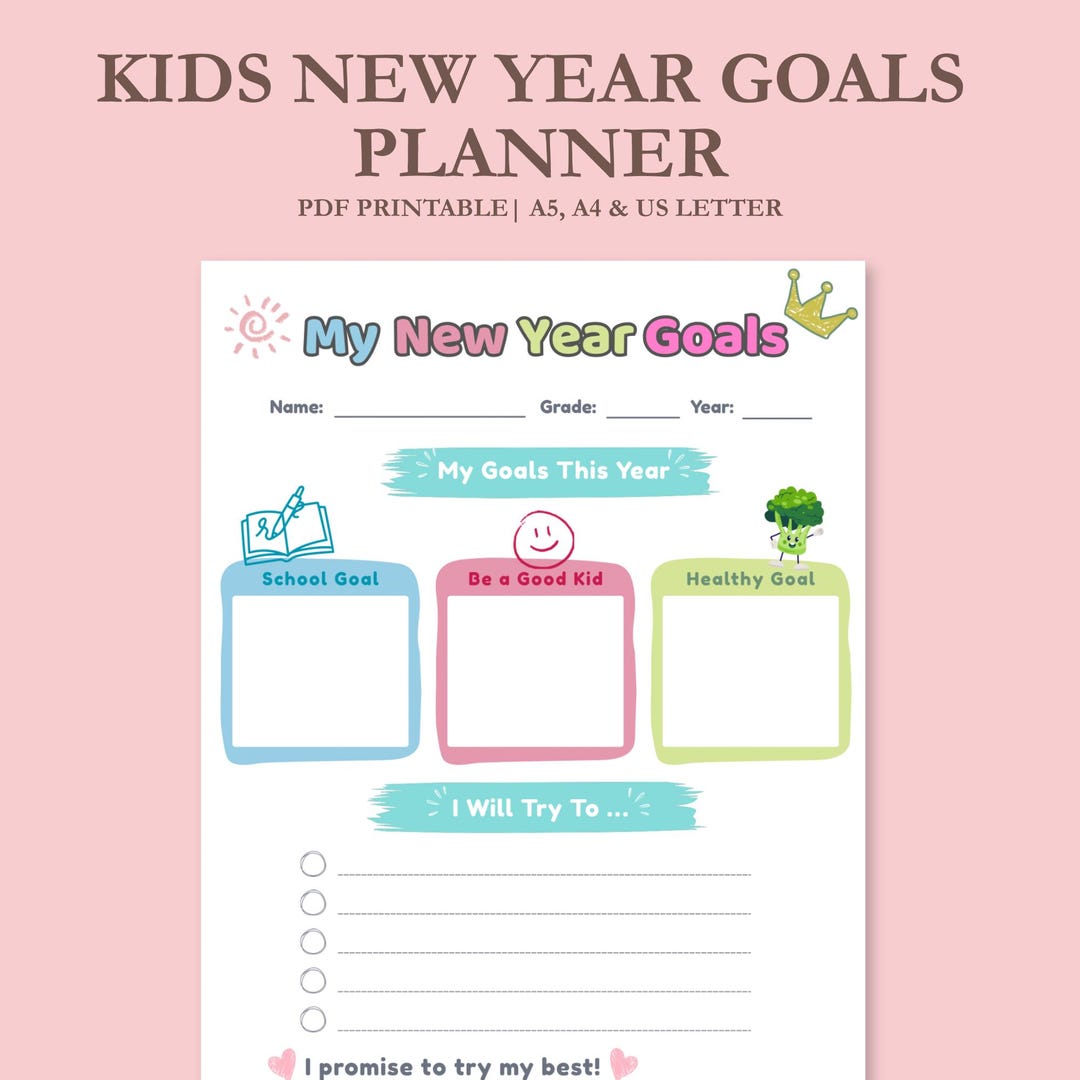 Kids New Year Goals Planner | Printable Worksheet, Grade 1-3 (PDF) - Etsy