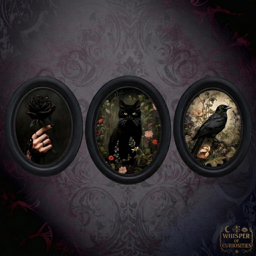 Gothic Oval Wall Art Set - Black Cat, Raven and Dark Rose Framed Prints ...