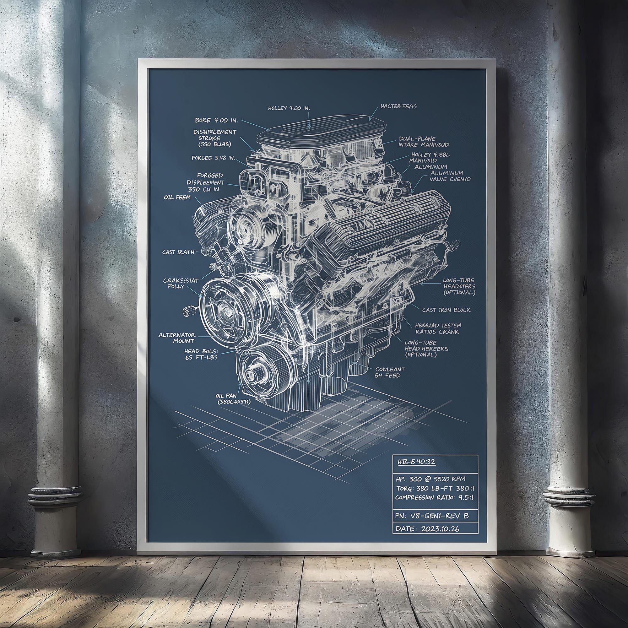 Performance Engine Blueprint Poster, High Detail Technical Drawing ...