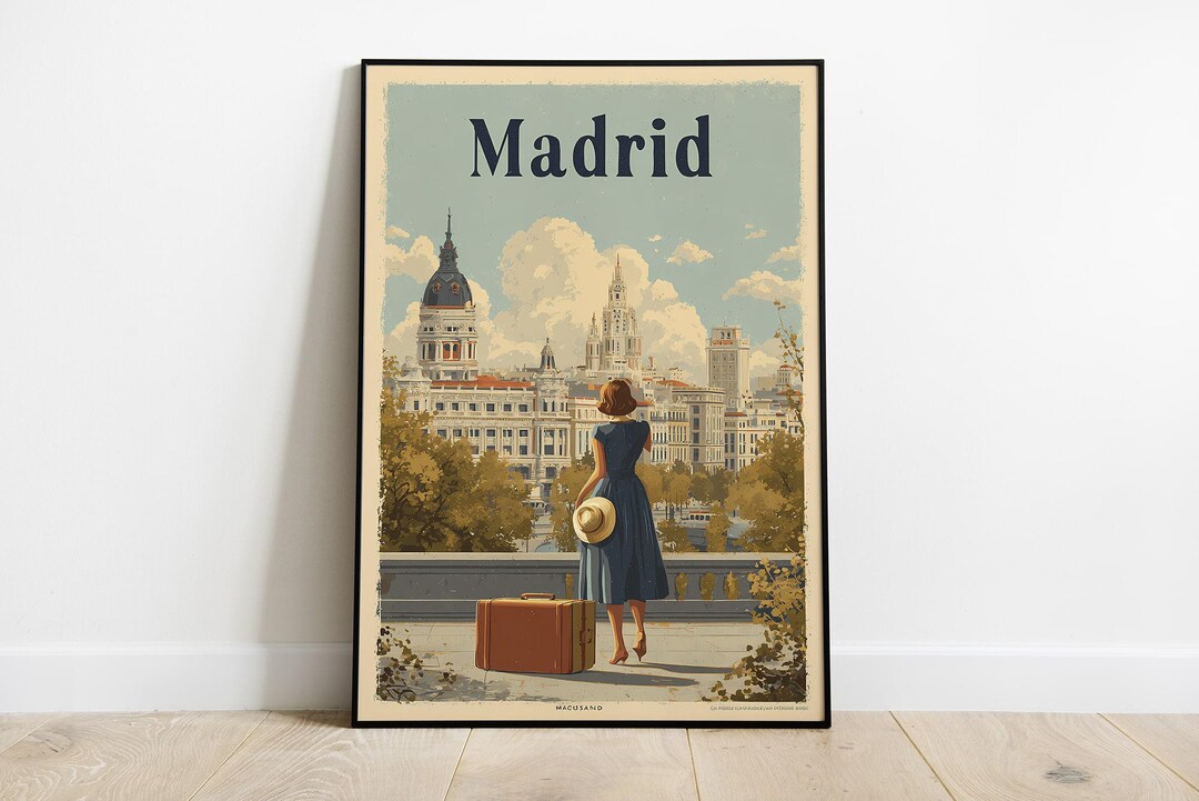 Vintage Madrid Travel Poster, Retro Spain Wall Art, Cityscape ...