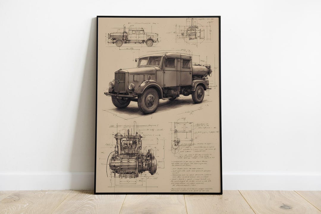 Vintage Truck Blueprint Poster, Retro German Utility Truck Schematic ...