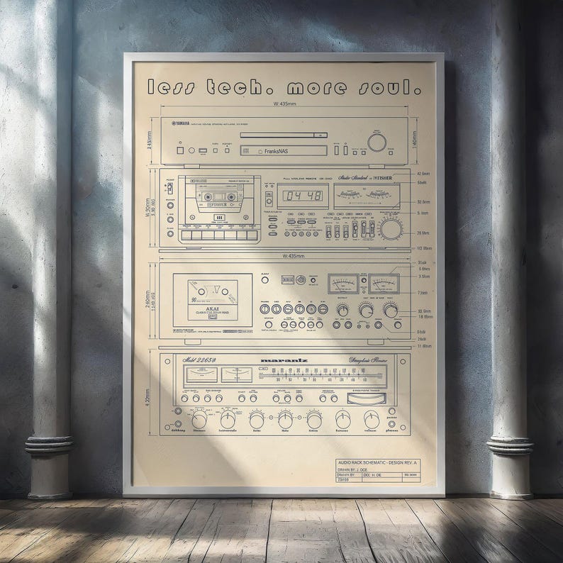 Retro Cassette Player Blueprint Poster, Vintage Audio Deck Illustration ...