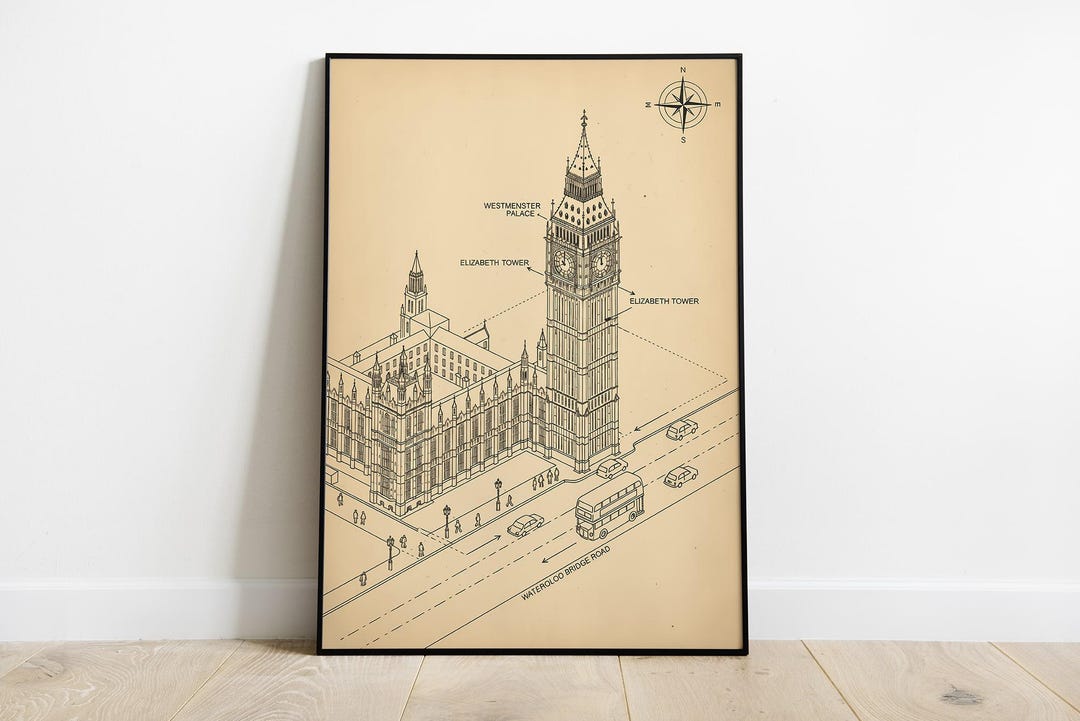 Vintage Big Ben Blueprint Poster, Isometric London Schematic Diagram ...