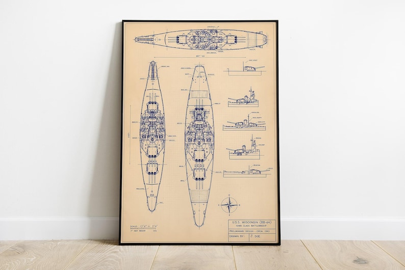 USS Wisconsin Battleship Blueprint Poster, Iowa Class Warship Schematic ...