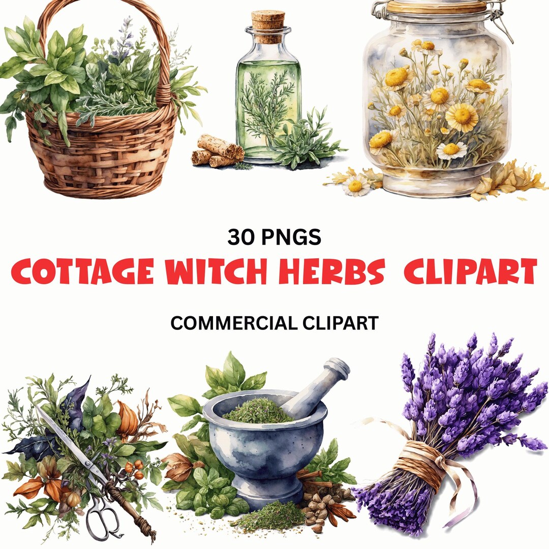 Watercolor Cottage Witch PNG Bundle, Witch Herbs & Apothecary Clipart ...
