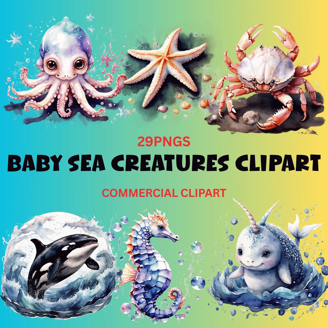 Cute Baby Sea Creatures Clipart Bundle, Ocean Sea Life Animals PNG ...