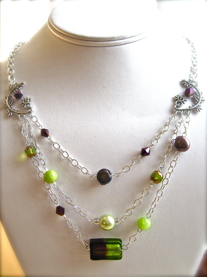 Grapevine Multi Strand Chain and Beaded Necklace With Purple and Lime ...