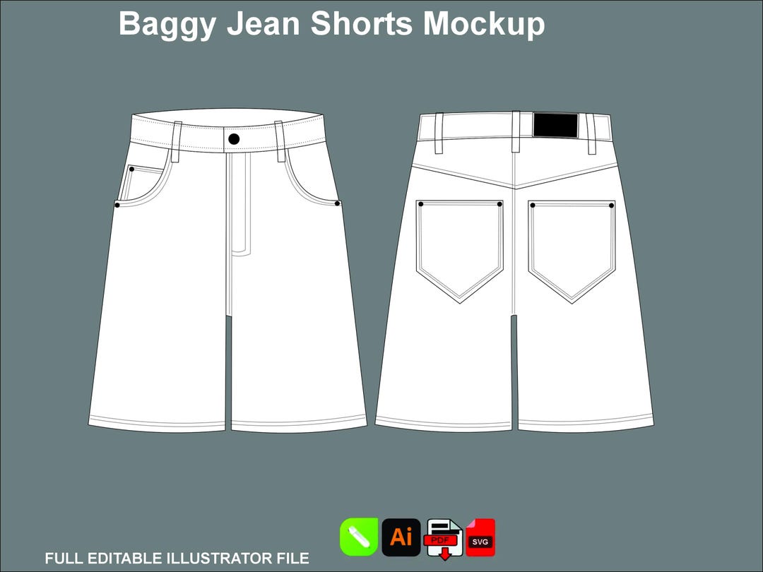 Baggy Jean Shorts Mockup | Oversized Jorts Tech Pack Vector Template ...