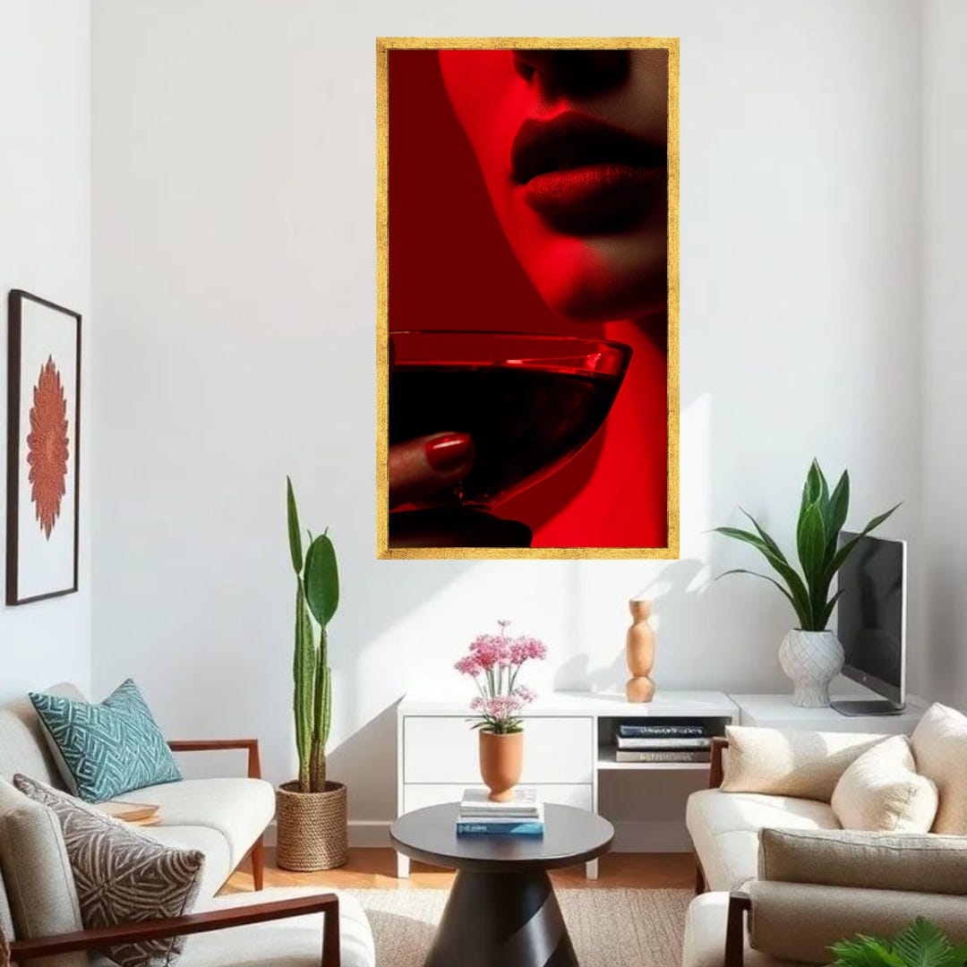 Sensual Red Lips Close-up Canvas, Wine Glass Photography Wall Art ...