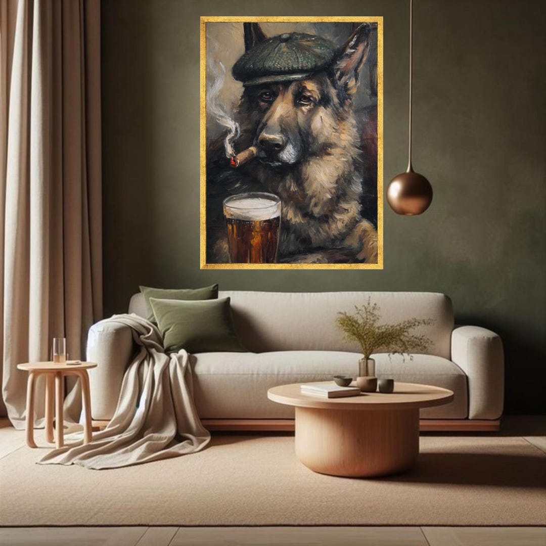 Vintage German Shepherd Dog Canvas, Smoking Canine Wall Art, Rustic Pub ...