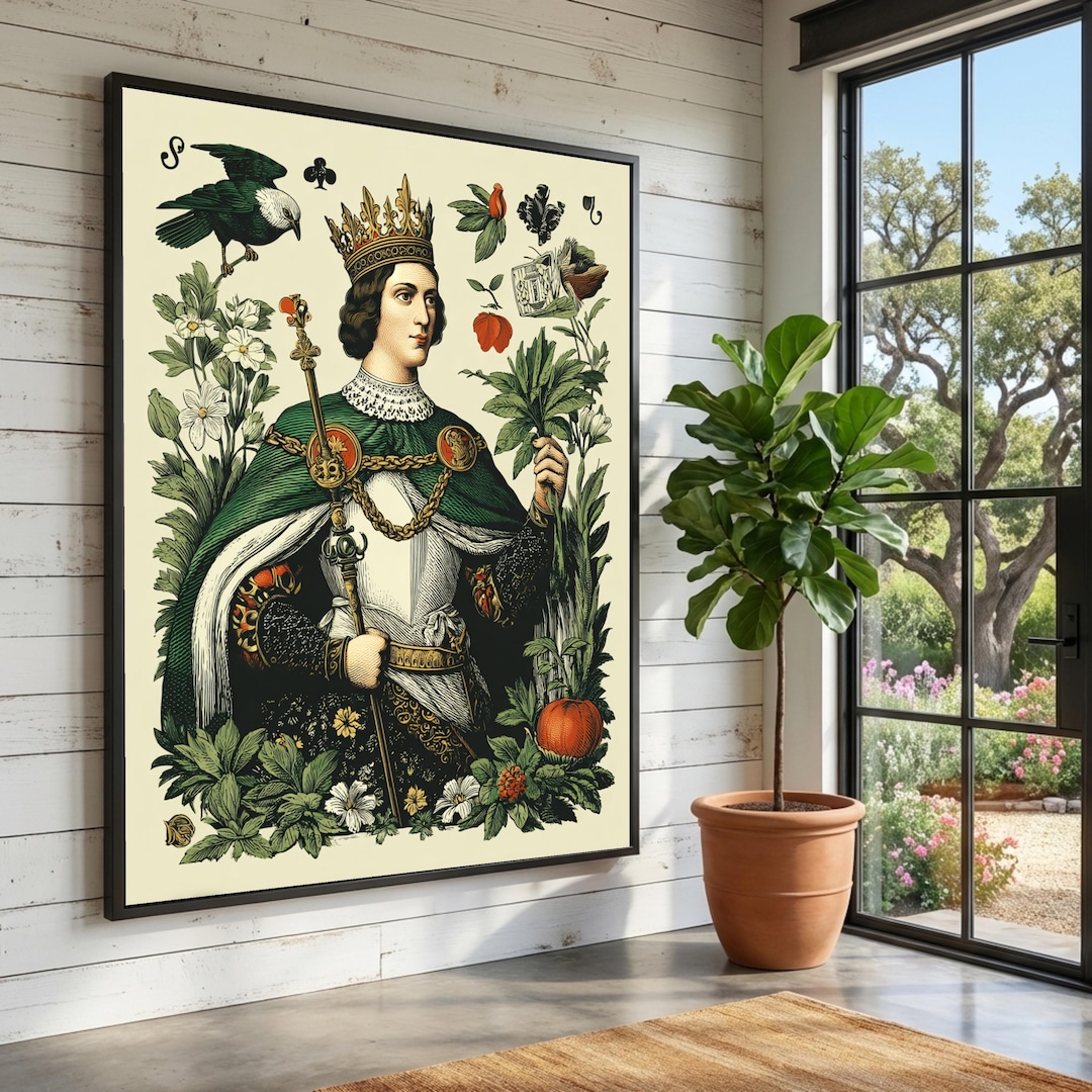 Vintage King Portrait Canvas, Medieval Monarch Artwork, Botanical Frame ...