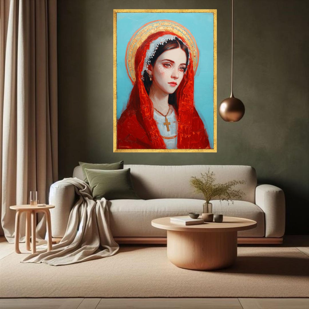 Sacred Woman Portrait Canvas, Red Veil Religious Wall Art, Byzantine ...