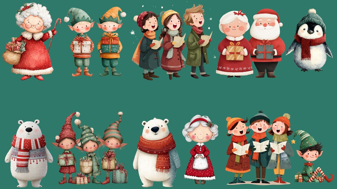 Watercolor Christmas Clipart, Retro Cartoon Character Illustrations ...