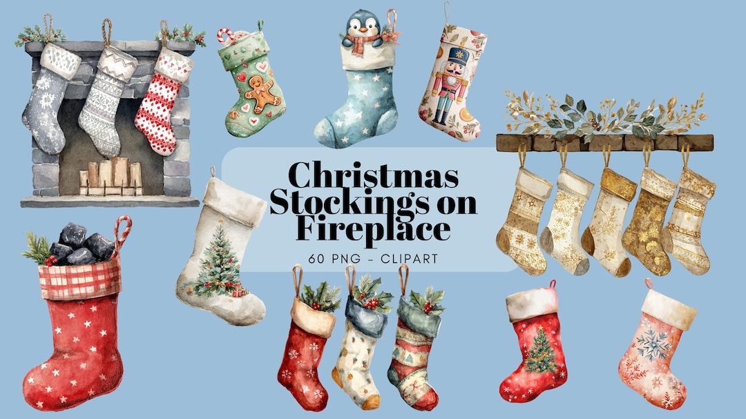 Watercolor Christmas Stockings Clipart, Fireplace Decor (digital ...