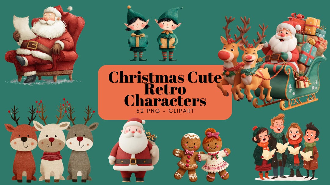 Watercolor Christmas Clipart, Retro Cartoon Character Illustrations ...