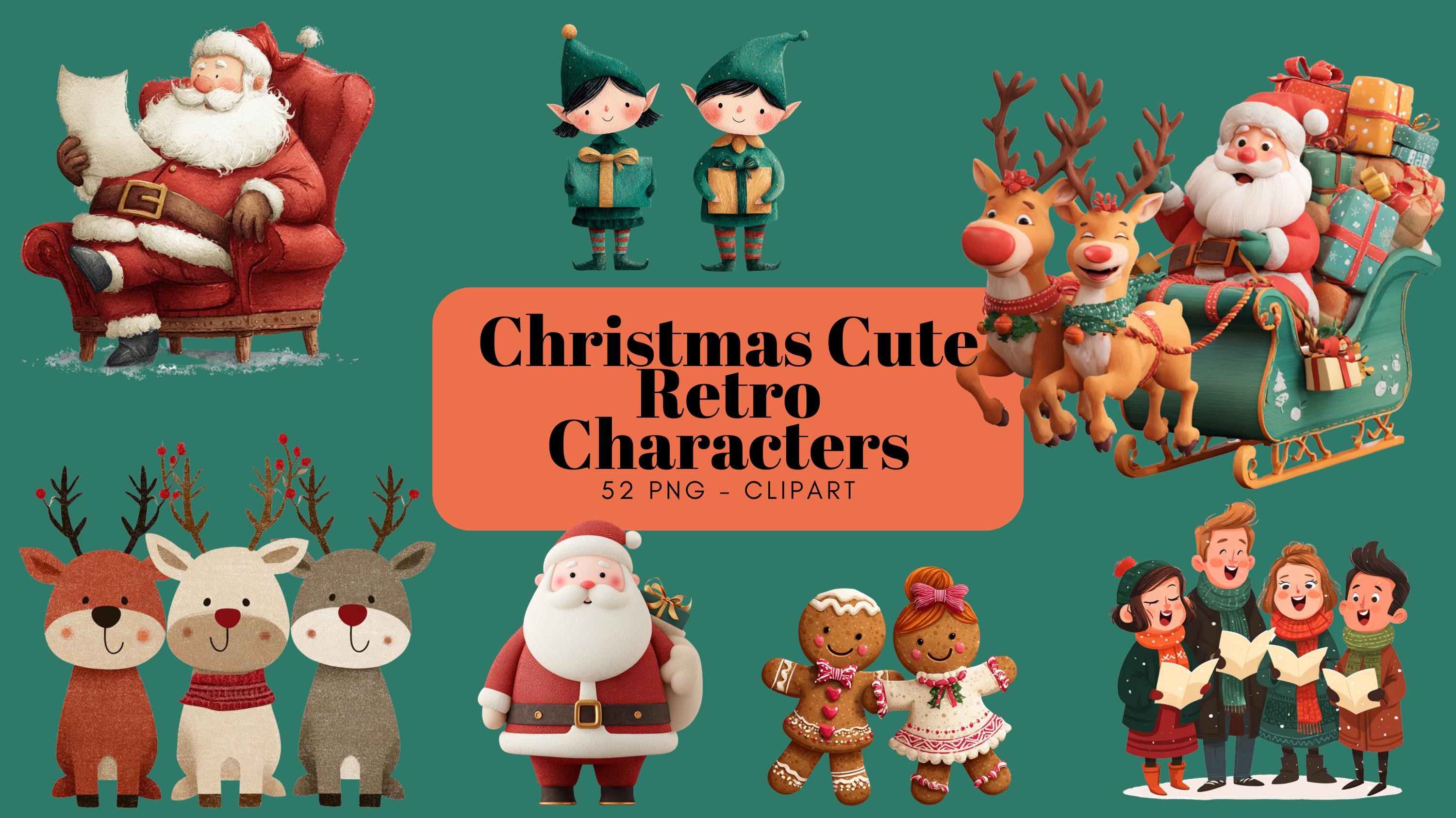 Watercolor Christmas Clipart, Retro Cartoon Character Illustrations ...