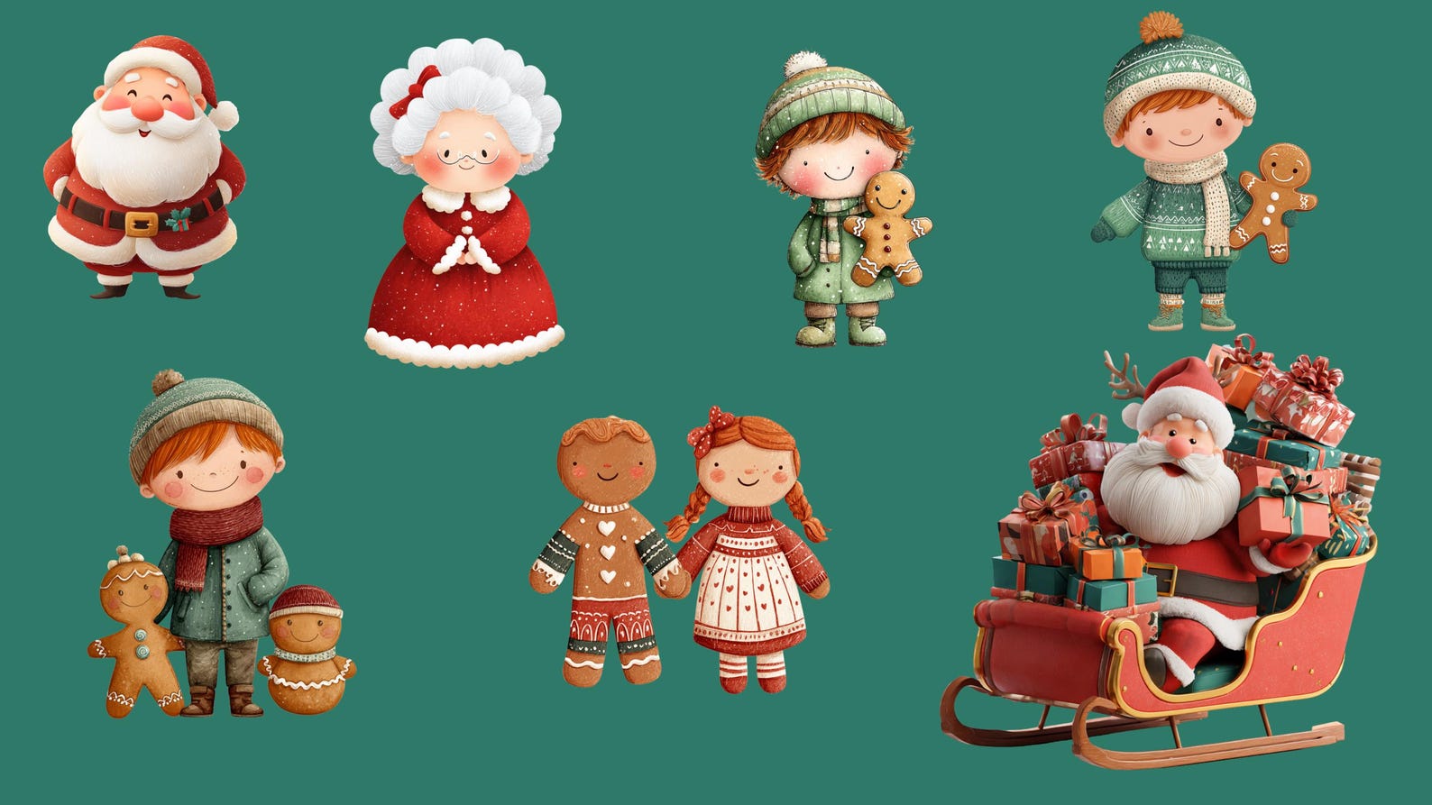 Watercolor Christmas Clipart, Retro Cartoon Character Illustrations ...